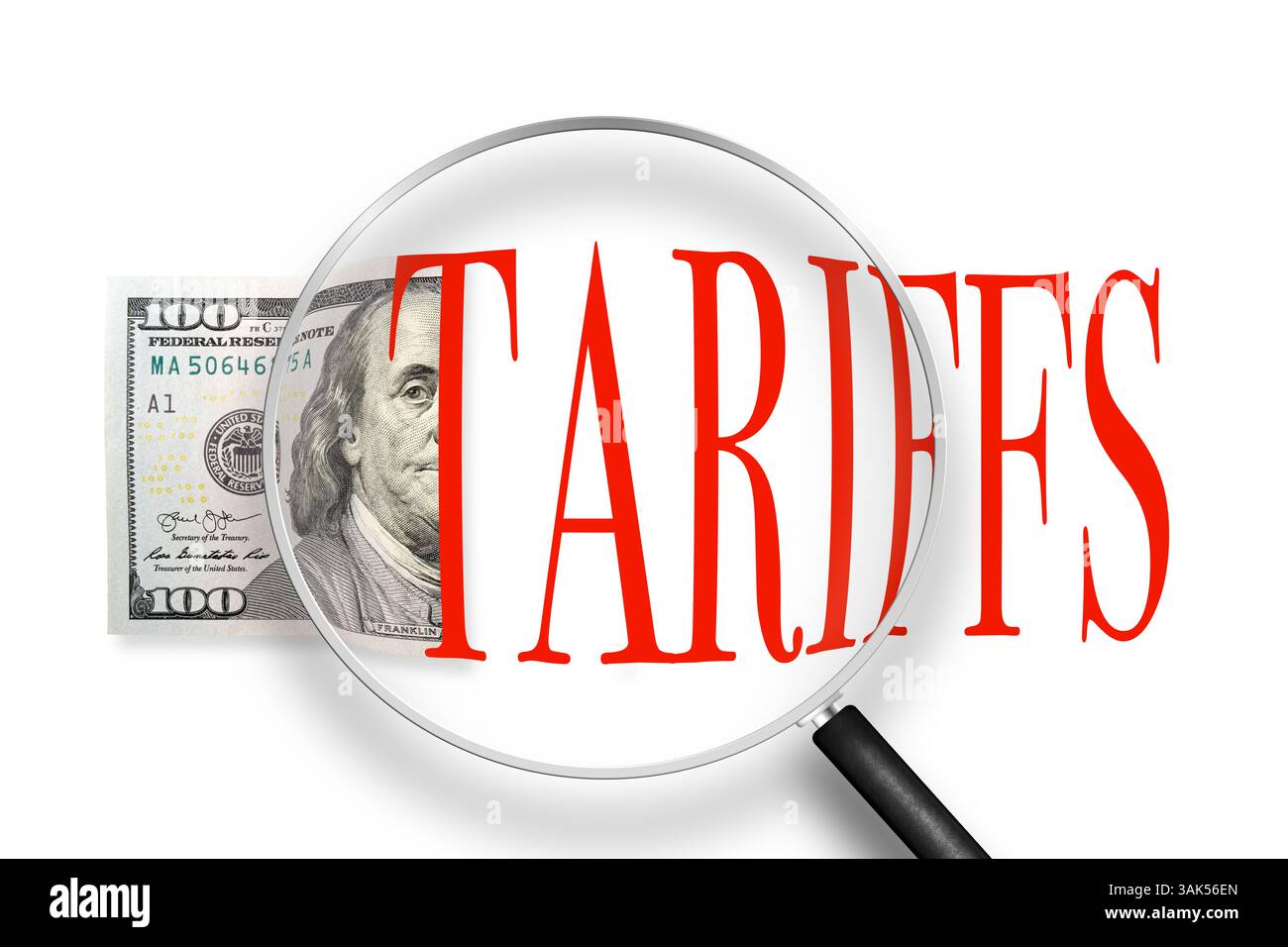 One hundred dollar with word TARIFFS. View through magnifying glass ...
