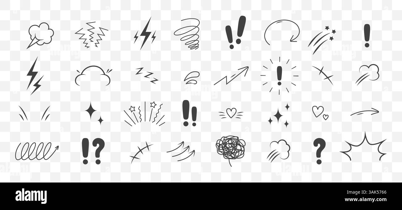 Anime Emotion effect. Doodle manga icons. Idea and exclamation symbol ...