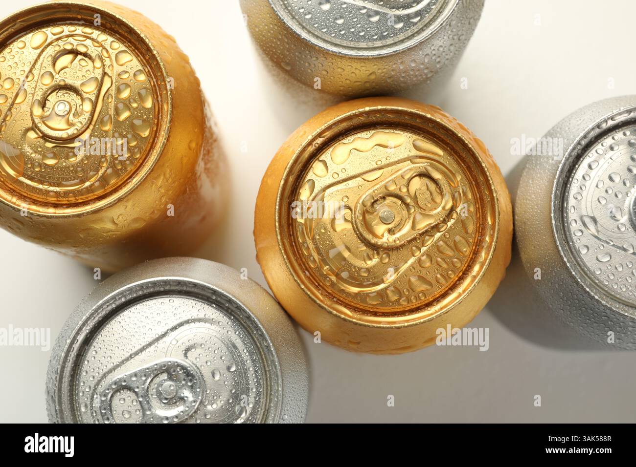 Different tin cans on white background, flat lay Stock Photo - Alamy