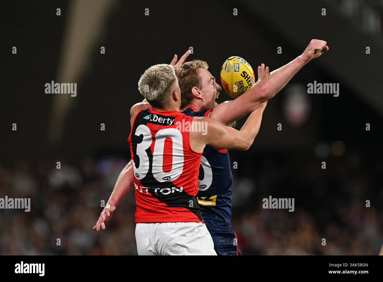 Harrison Petty of Melbourne and Nate Caddy of Essendon compete during ...