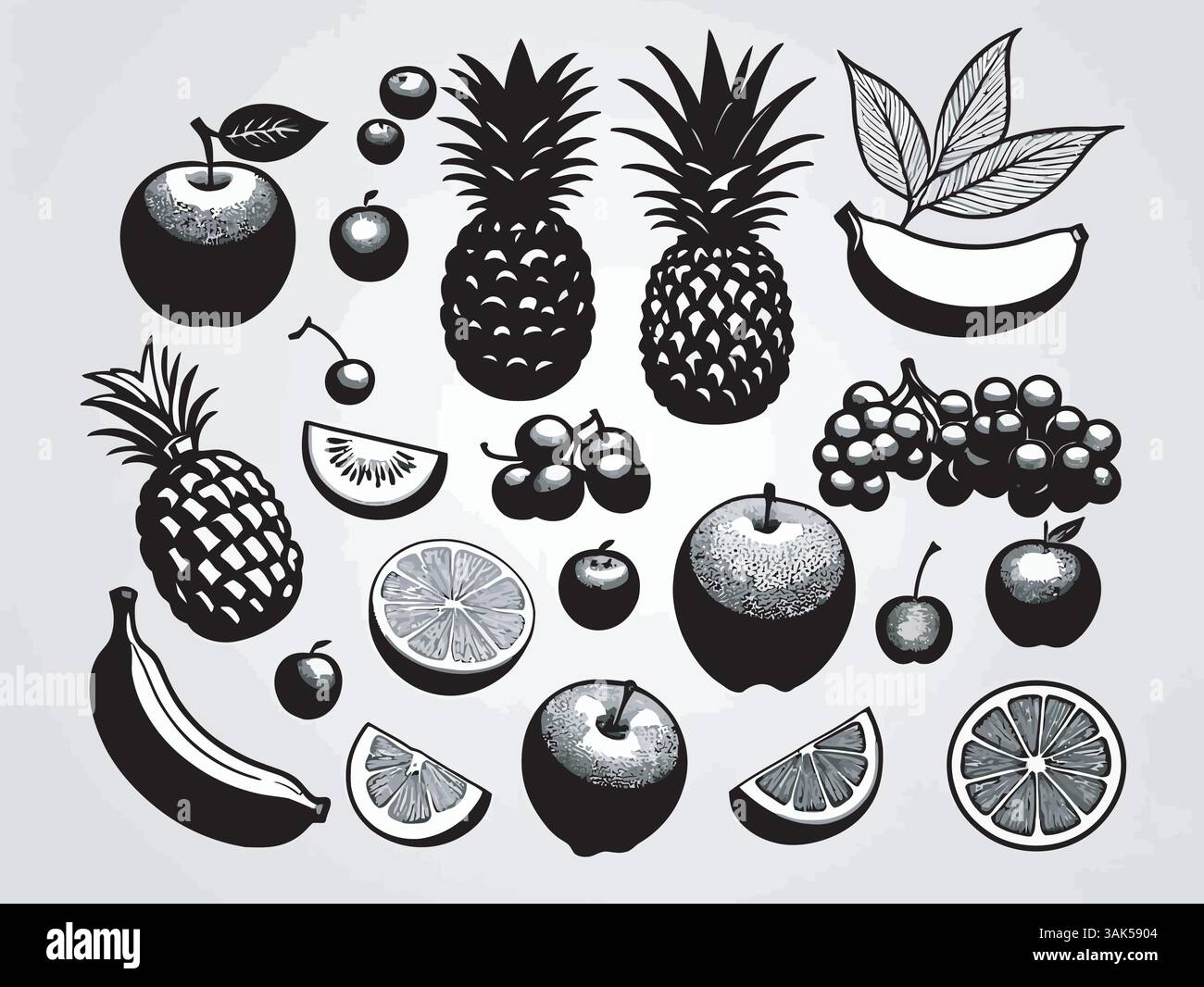 Hand-drawn black and white fruit illustrations, including pineapples ...