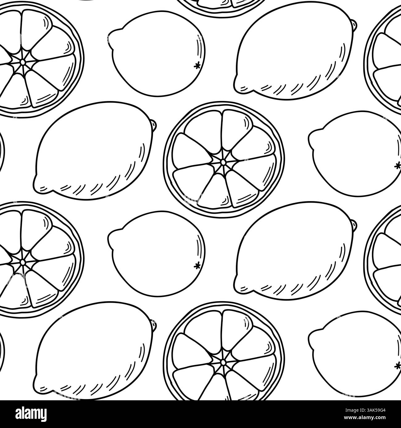 Seamless Pattern of Lemons and Lemon Slices in Black and White Stock ...