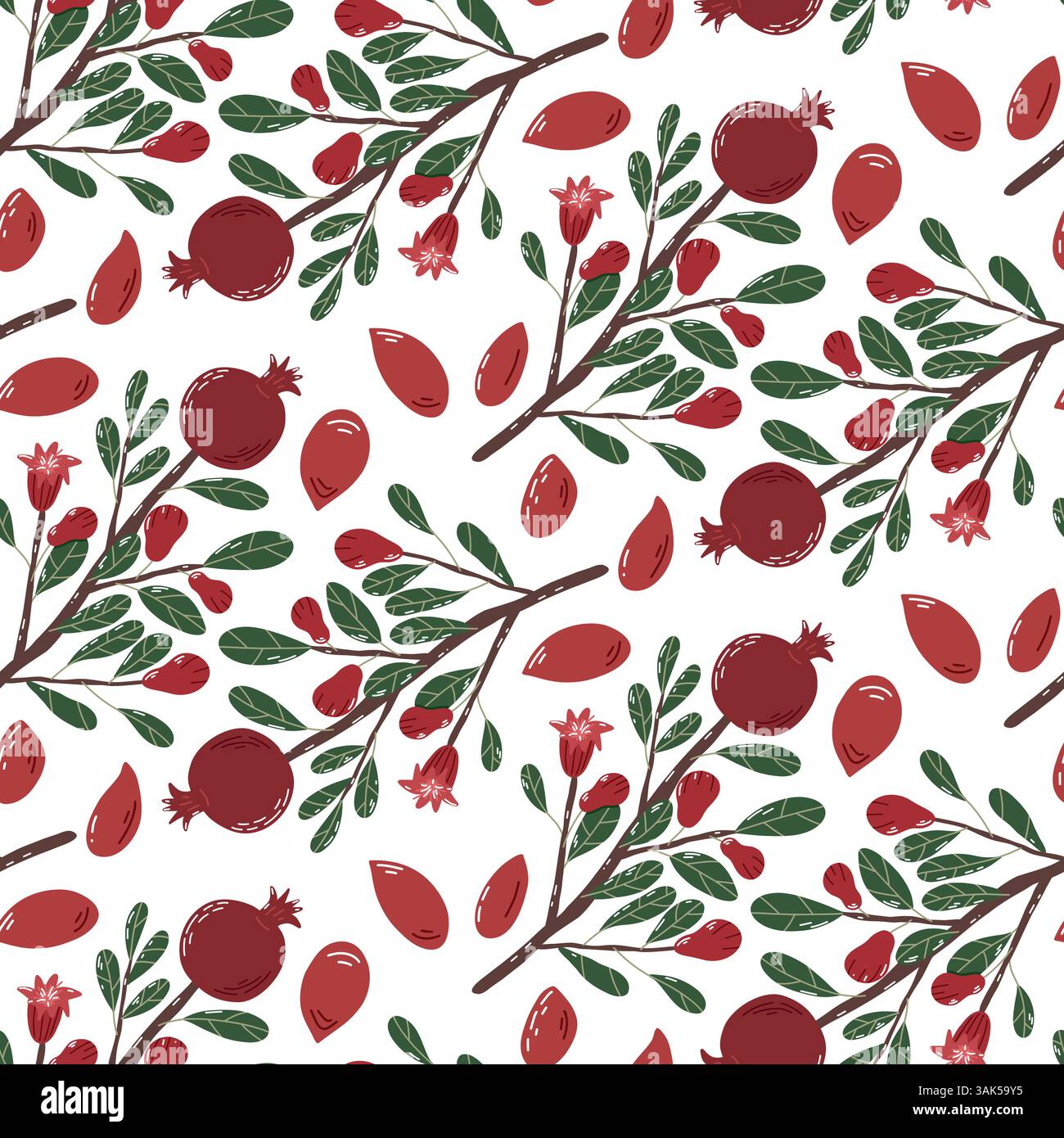 Elegant Hand-Drawn Pomegranate Pattern with Leaves, Branches, and Fruit ...