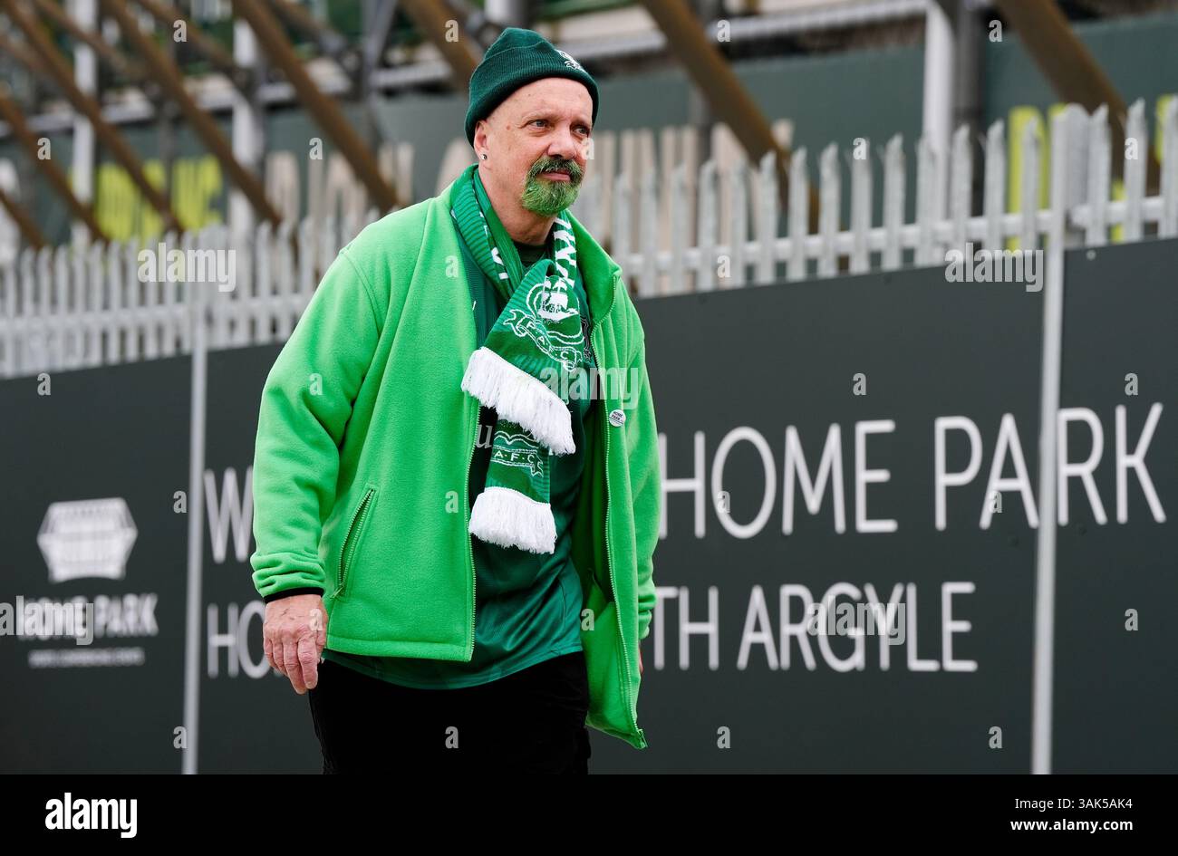 A Plymouth Argyle fan outside Home Park, Plymouth, ahead of the Sky Bet ...