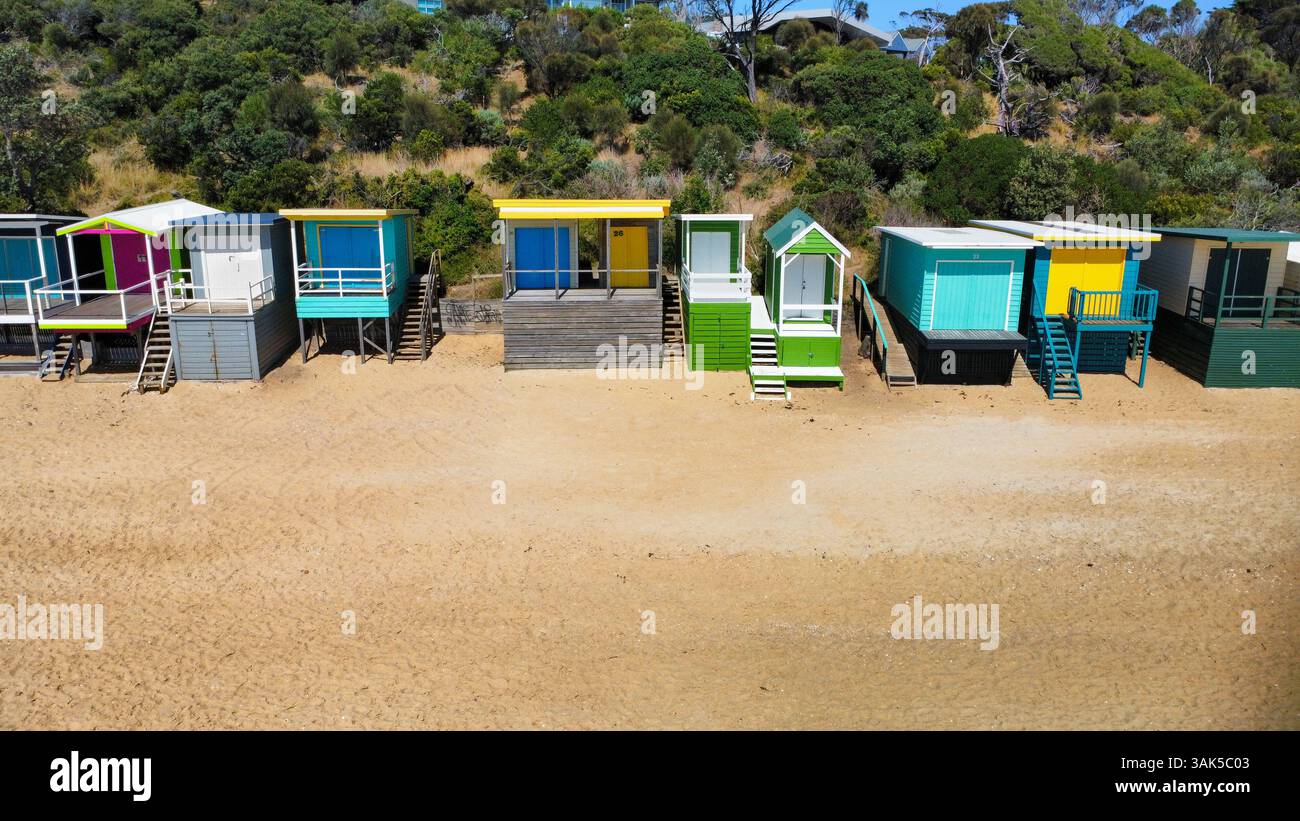 A row of beach houses on an australian beach, photograped with a drone ...