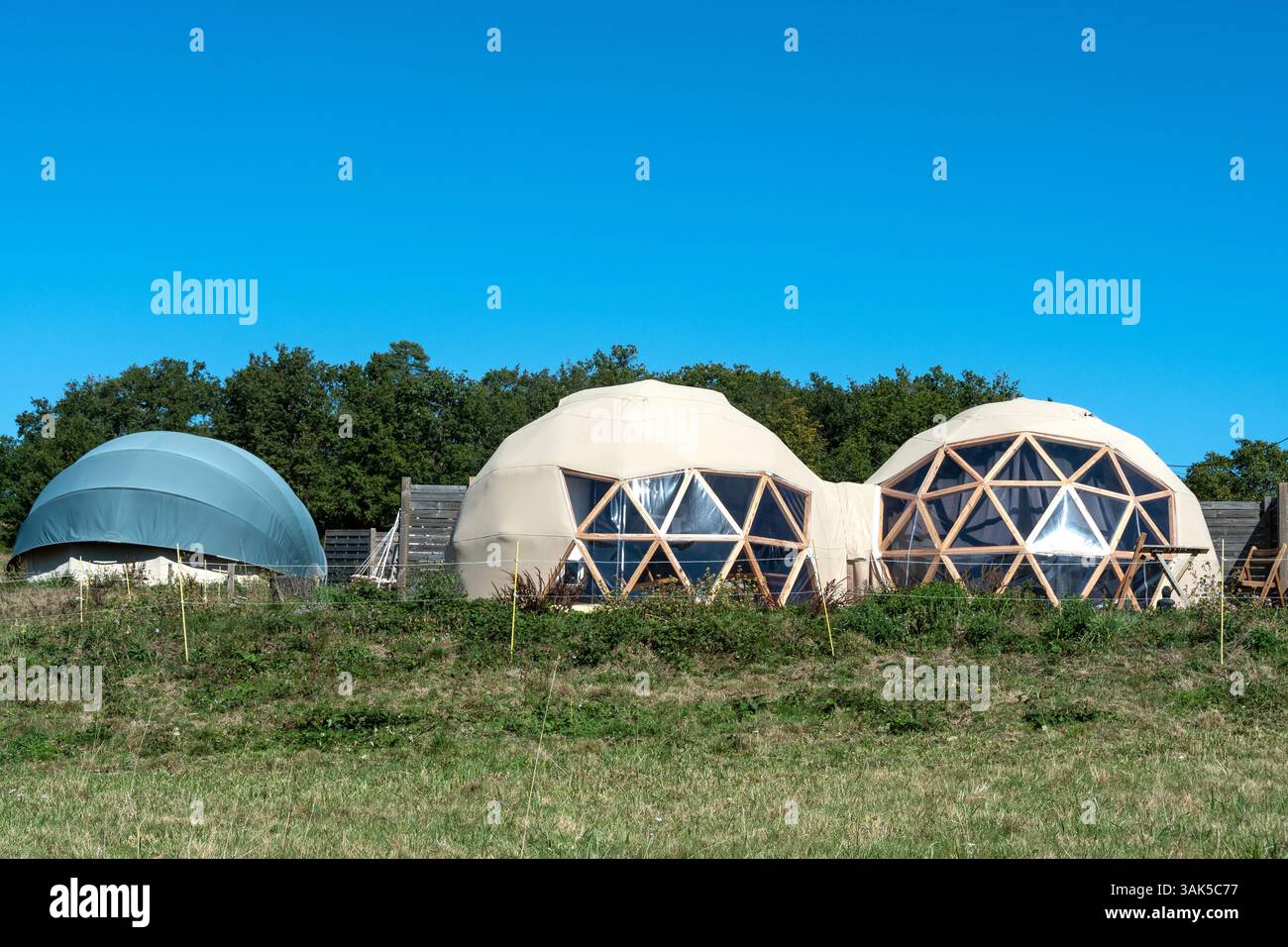Three distinctive geodesic dome of vacation homes sit against a lush ...