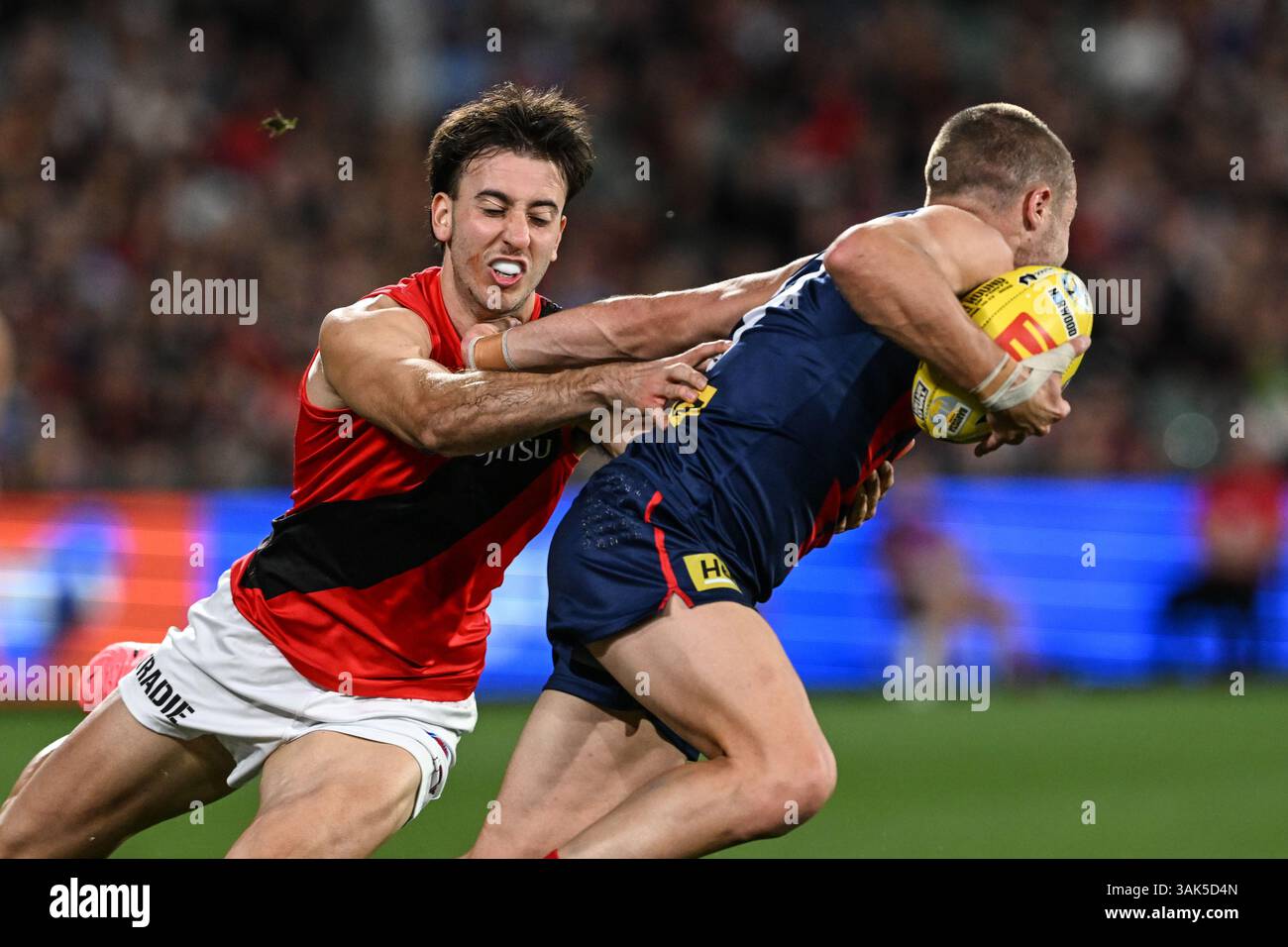Adelaide, Australia. 12th Apr, 2025. Nic Martin of Essendon tackles ...