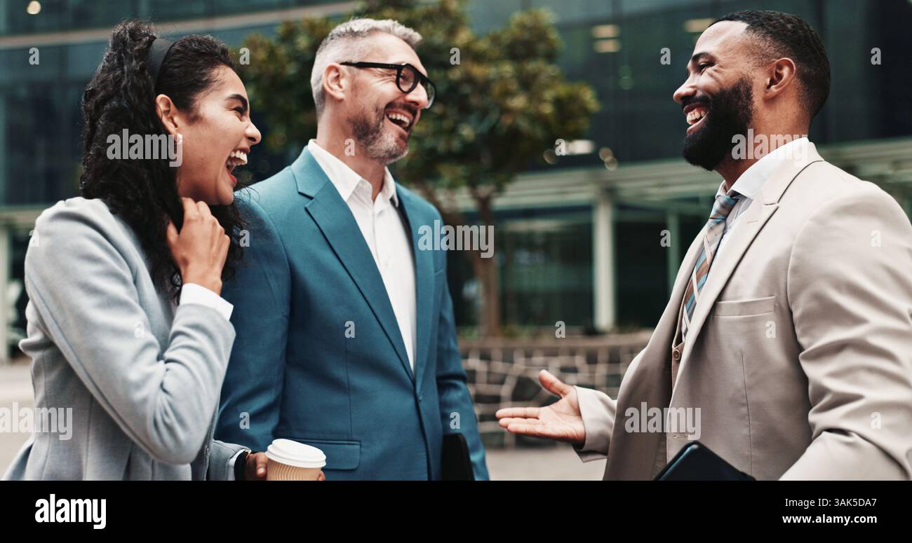 Collaboration, commute and laughing with business people in city ...