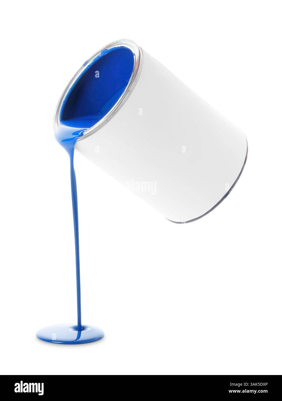 Blue paint flowing down from can on white background Stock Photo - Alamy