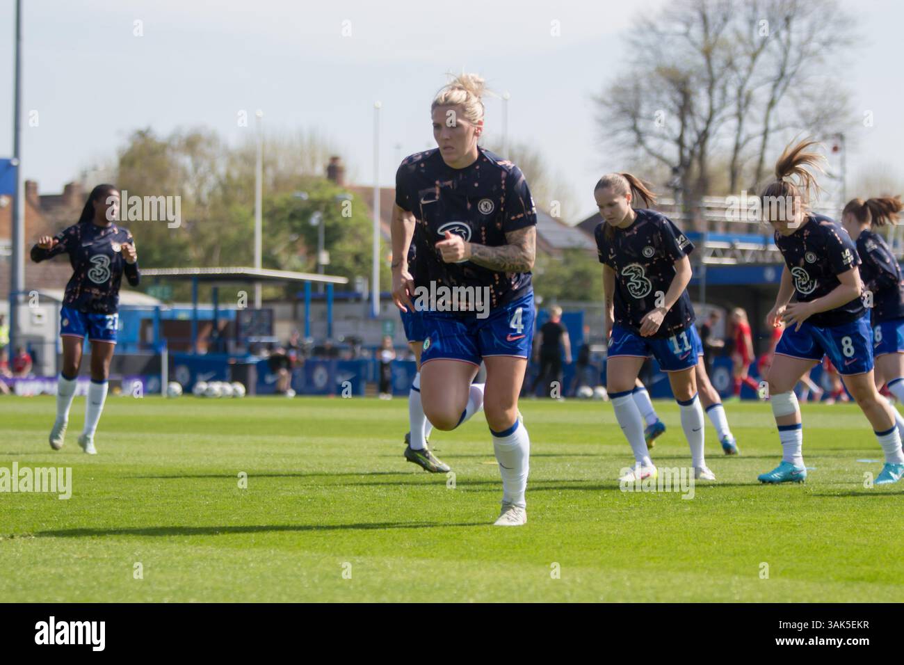 Kingston, UK. 12th Apr, 2025. Millie Bright (4 Chelsea) warming up ...
