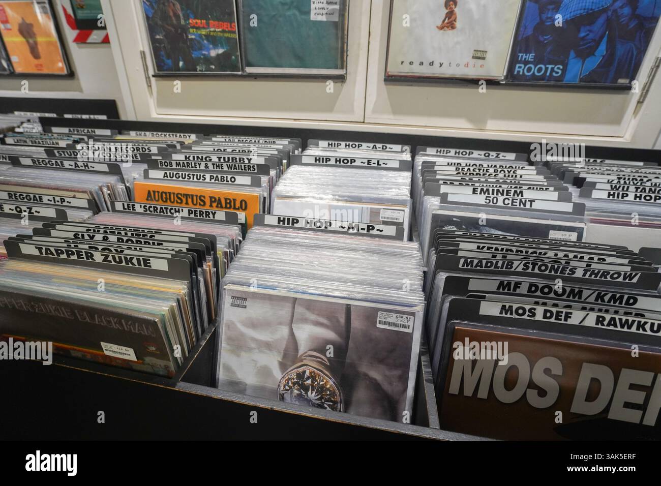 London UK 12 April 2025. Vinyl record labels at Sister Ray store in ...