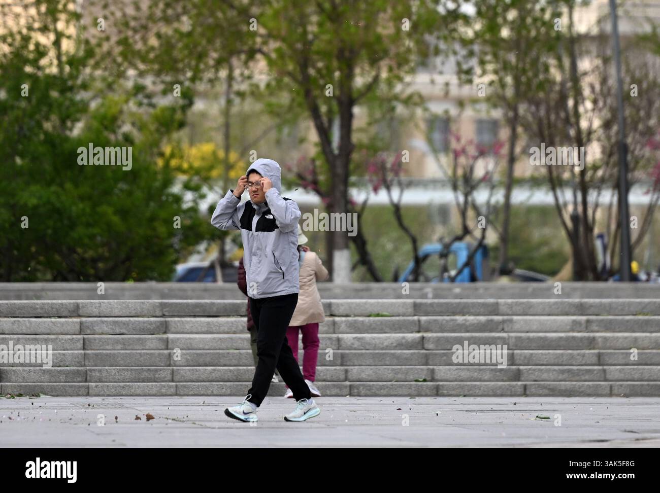 Beijing, China. 12th Apr, 2025. A man walks in strong wind in north ...