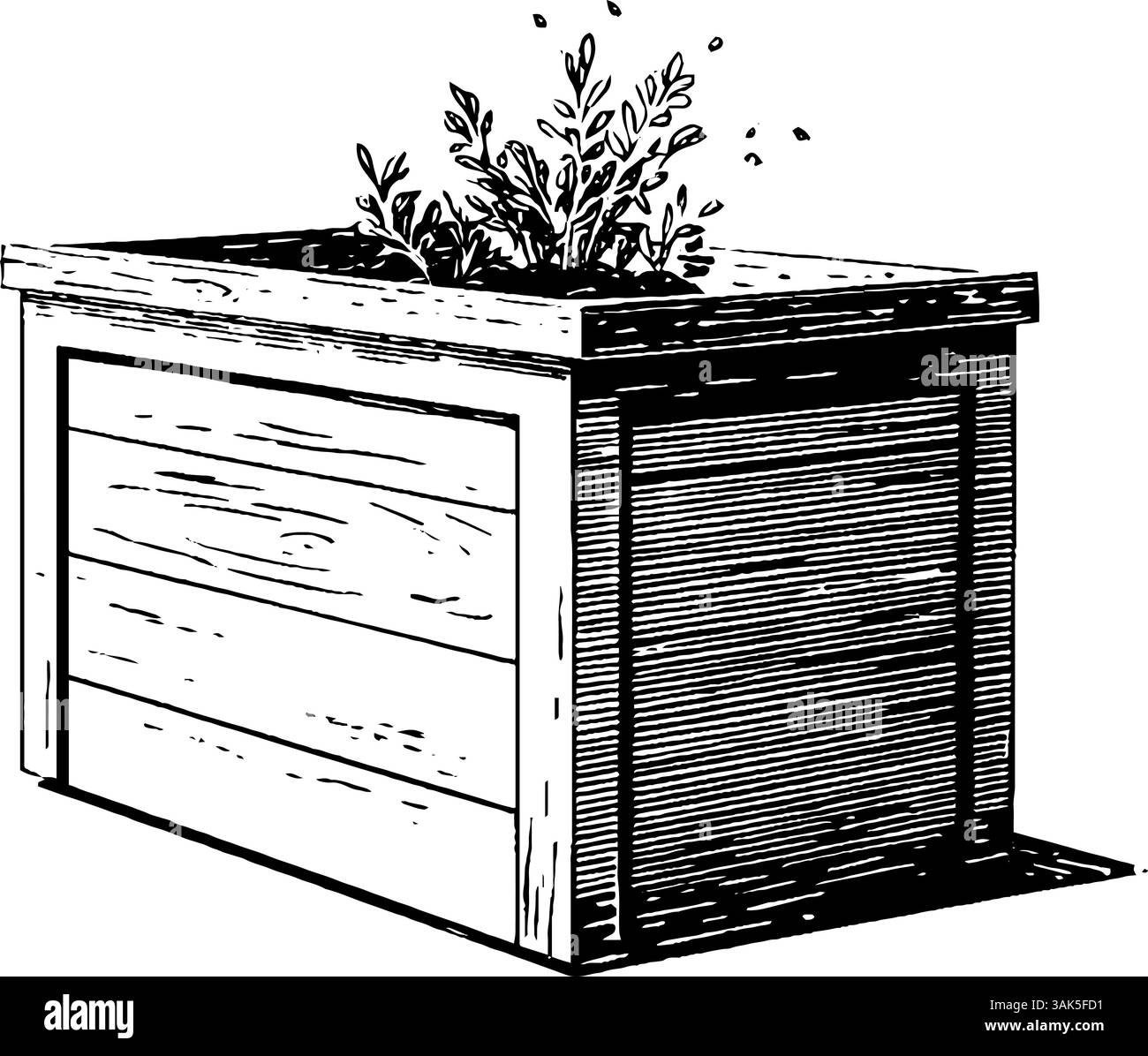 Engraved compost bin illustration with foliage for eco-friendly design ...