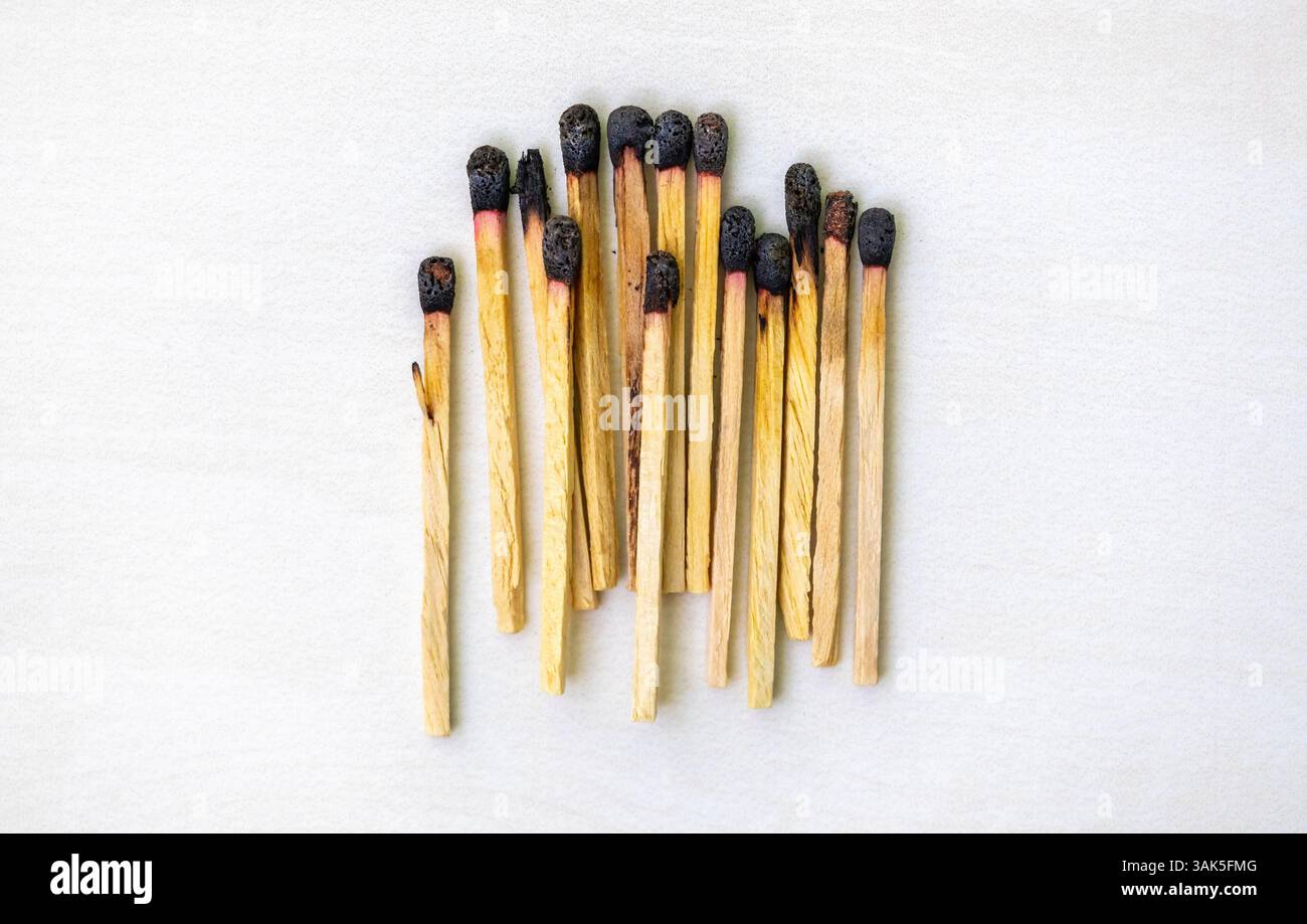 Burnt match sticks isolated on a white background. Many burnt wooden ...