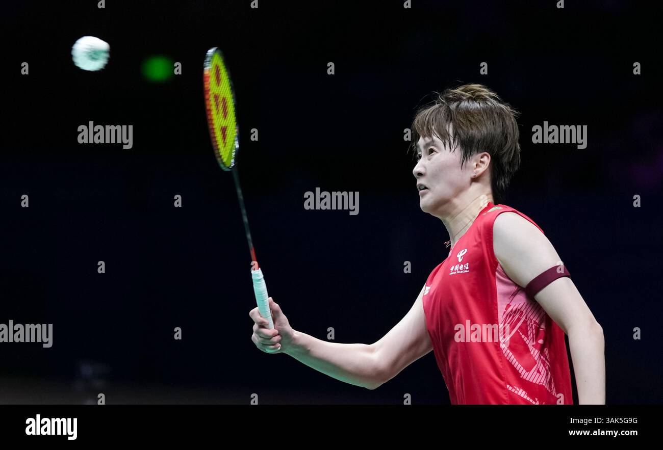 Ningbo, China's Zhejiang Province. 12th Apr, 2025. Chen Yufei of China hits a return during the ...