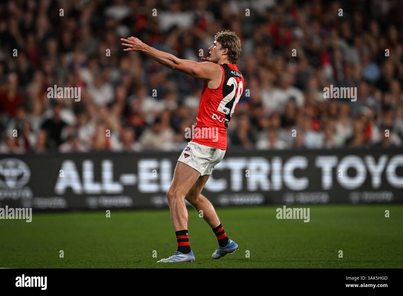 Xavier Duursma of Essendon reacts after kicking a goal during the AFL ...