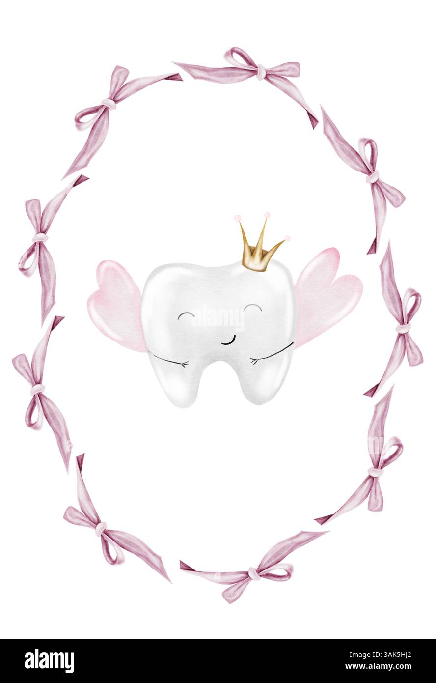 Baby tooth watercolor. Cute cartoon molar with crown in a round frame ...