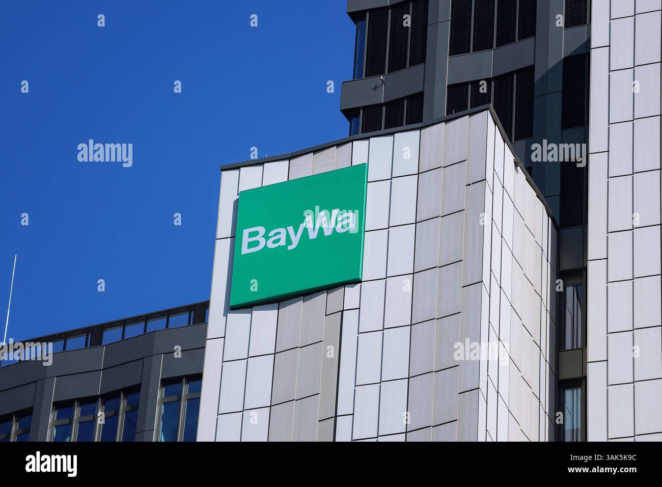 Schriftzug / Logo des Unternehmens BayWa am 11.04.2025 in München ...