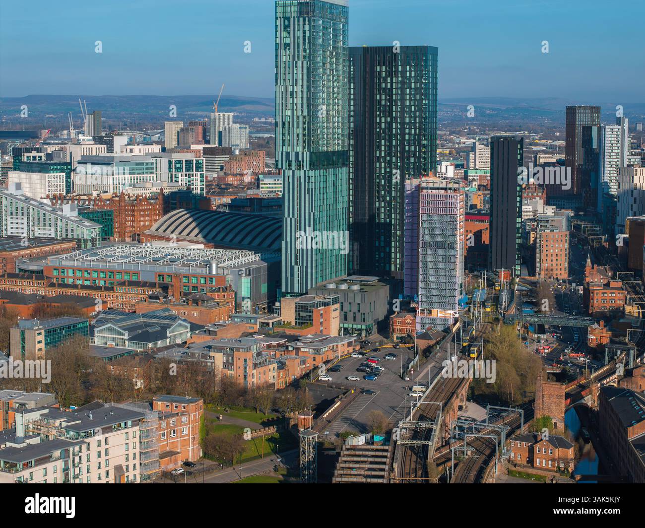 Aerial View of Manchester Skyline with Deansgate Square Towers Stock ...