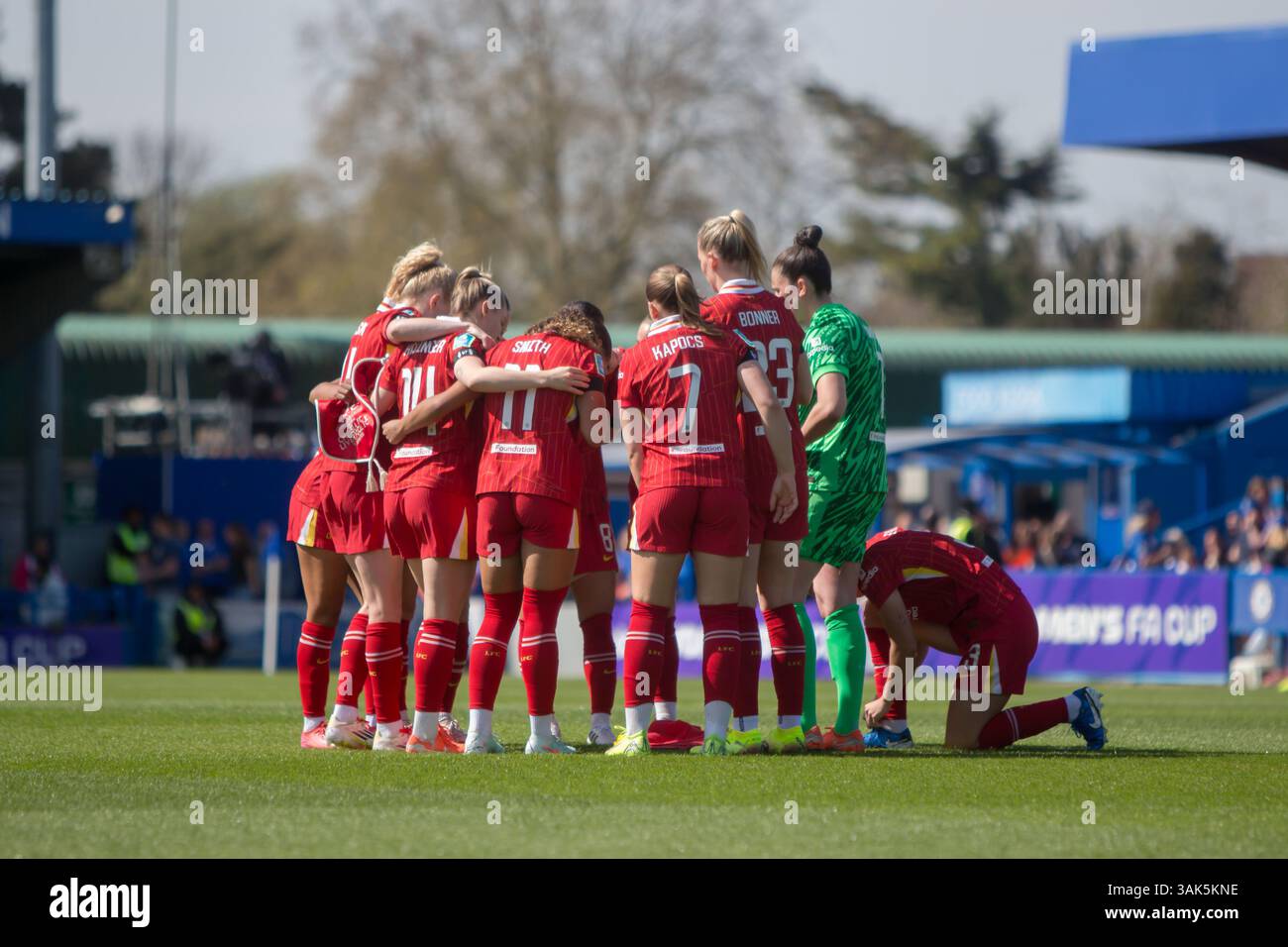 Kingston, UK. 12th Apr, 2025. Liverpool players huddle ahead of the ...