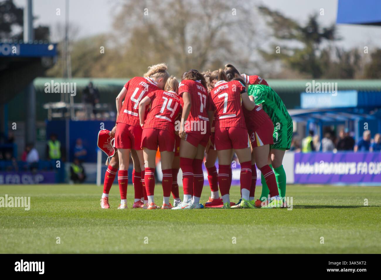 Kingston, UK. 12th Apr, 2025. Liverpool players huddle ahead of the ...