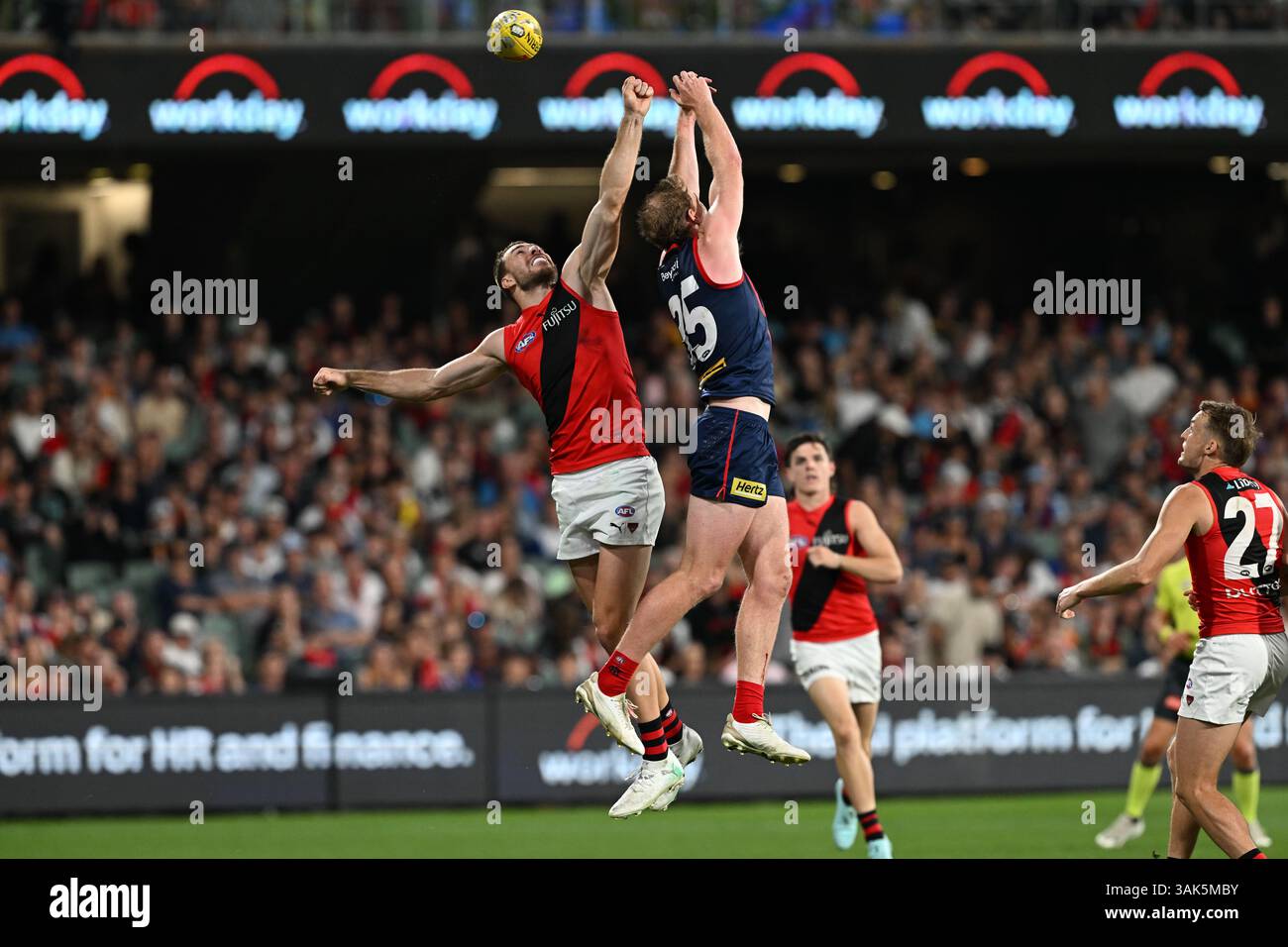Adelaide, Australia. 12th Apr, 2025. Ben McKay of Essendon spoils ...