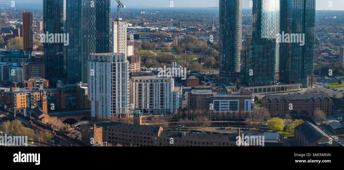 Aerial View of Manchester Skyline with Skyscrapers and Railway Line ...