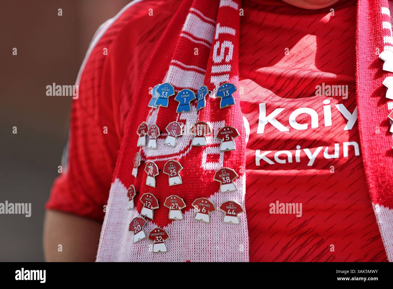 Detail of a Nottingham Forest fans Badges ahead of the Nottingham ...