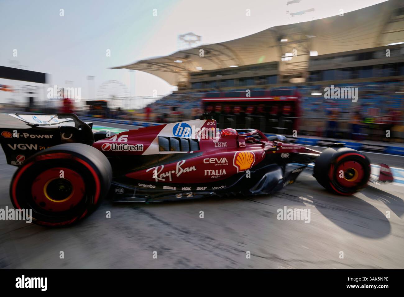 Ferrari driver Charles Leclerc of Monaco leaves the pit lane during the ...