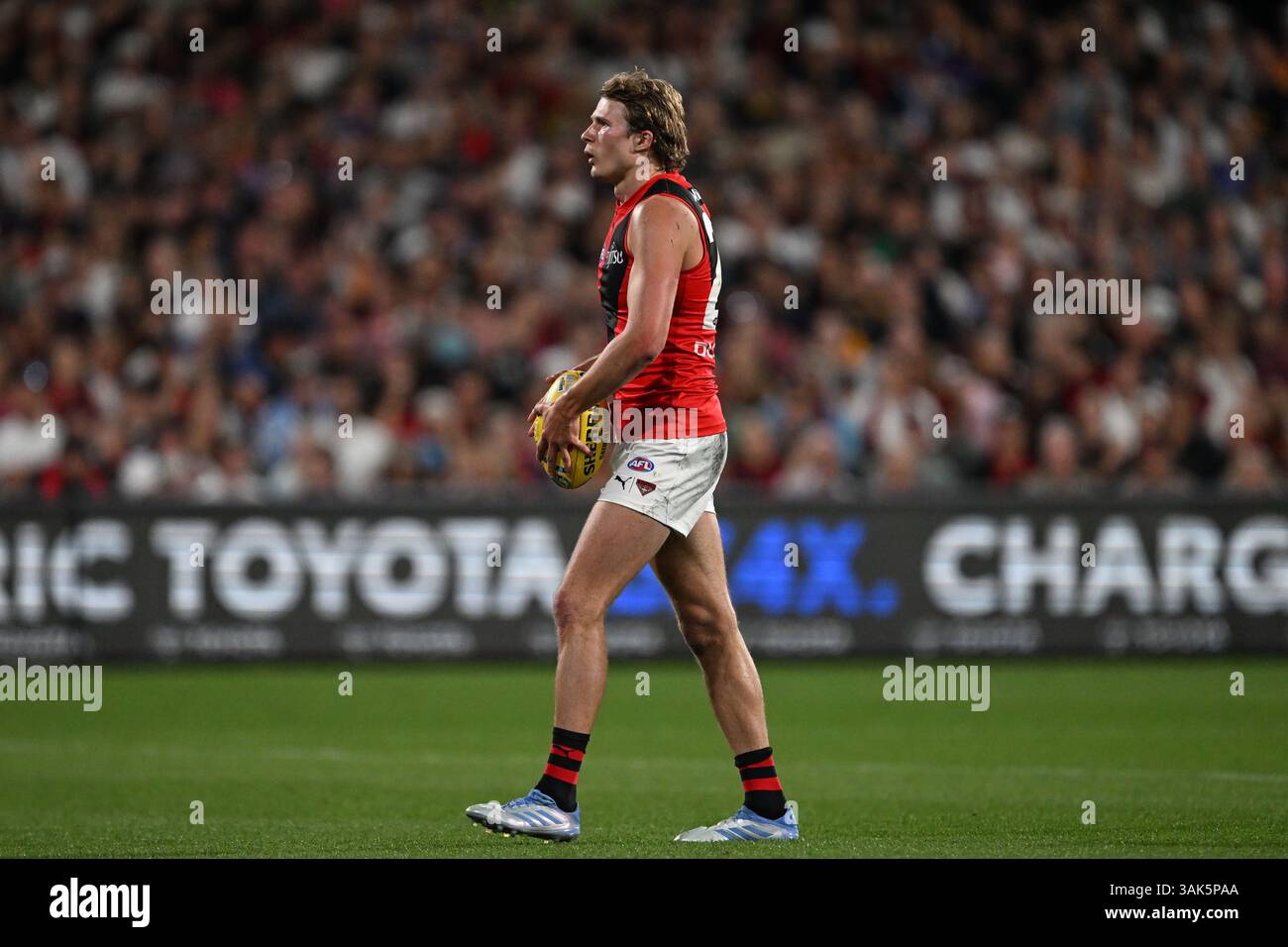 Adelaide, Australia. 12th Apr, 2025. Xavier Duursma of Essendon settles ...