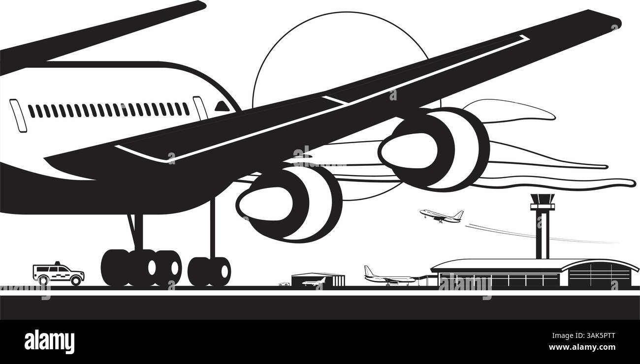 Aircraft approaching airport terminal on runway – vector illustration ...