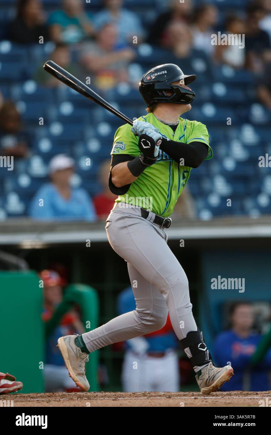 Clearwater FL USA; Daytona Tortugas catcher Jacob Friend (5) lines out ...