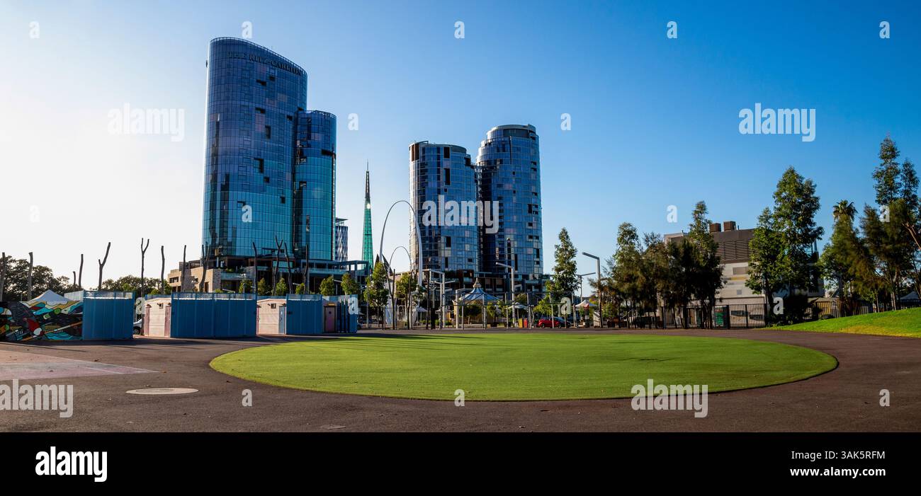 Elizabeth Quay Modern Skyline With The Bell Tower Between Reflective ...