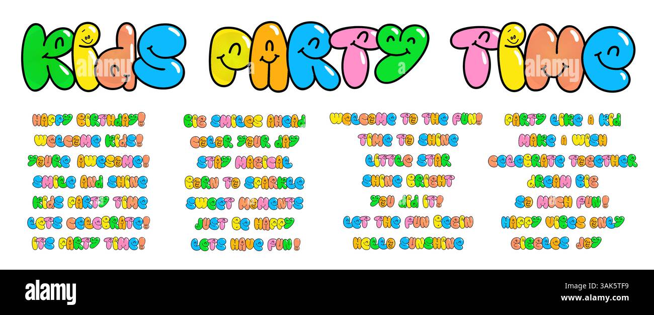 Colorful Kids Party Time Lettering Set With Fun Cartoon Font, Happy ...