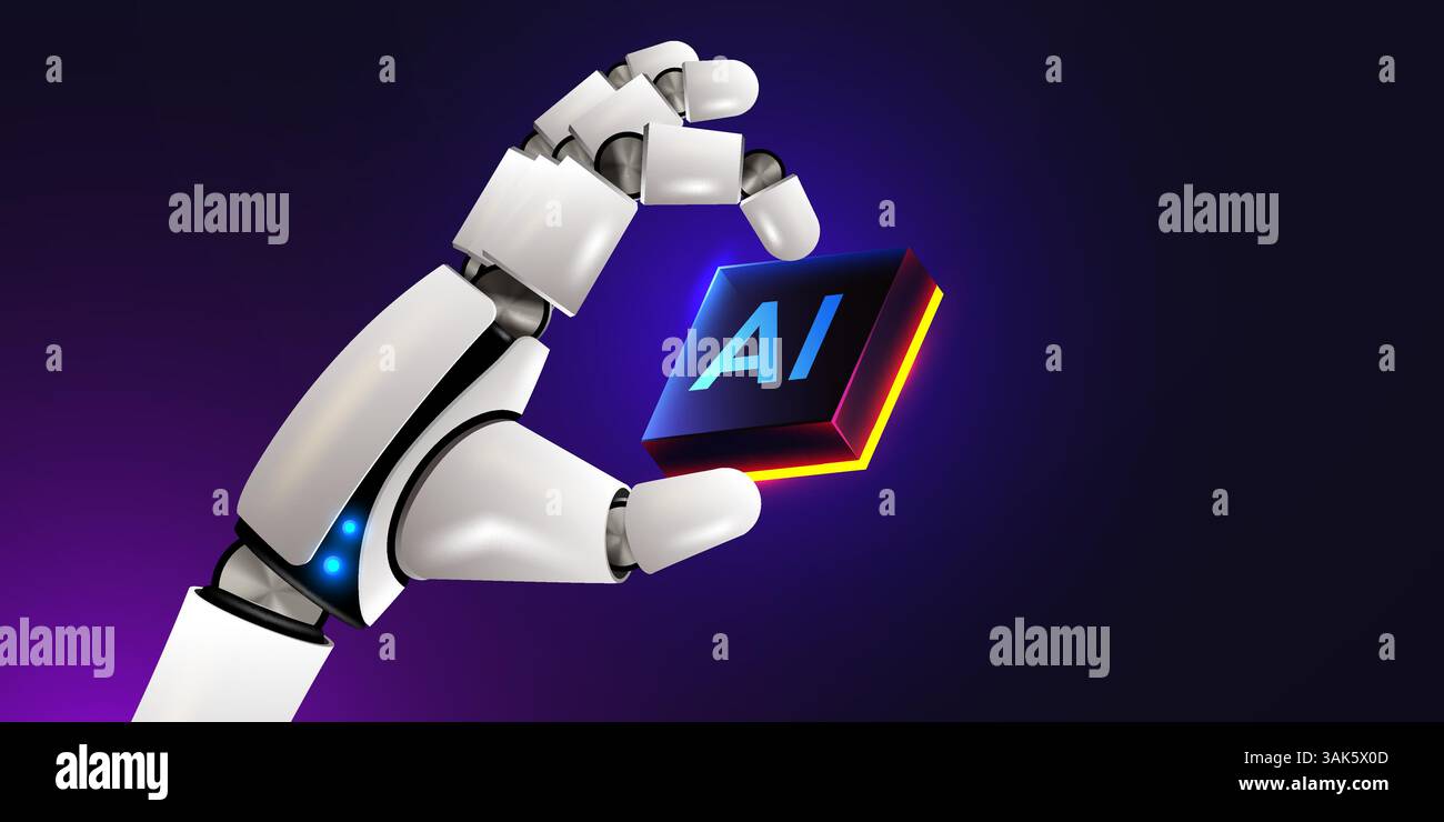 Robot hand holding processor. Technology, machine learning, neural ...