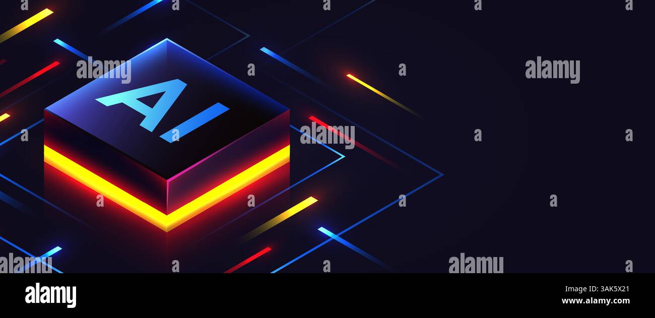 Brightly glowing glass AI chip on circuit board. Technology background ...