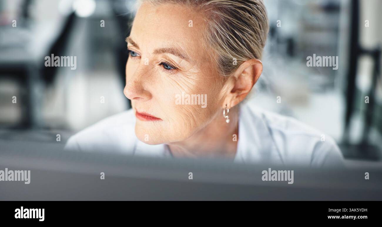 Thinking, scientist and woman with computer, healthcare and serious for ...