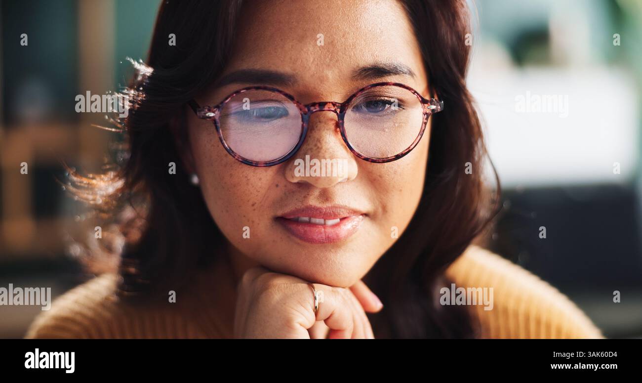 Thinking, woman and thoughts with glasses at house for reflecting ...
