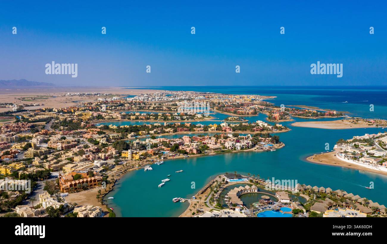 Aerial view of El Gouna's distinctive island villas connected by canals ...