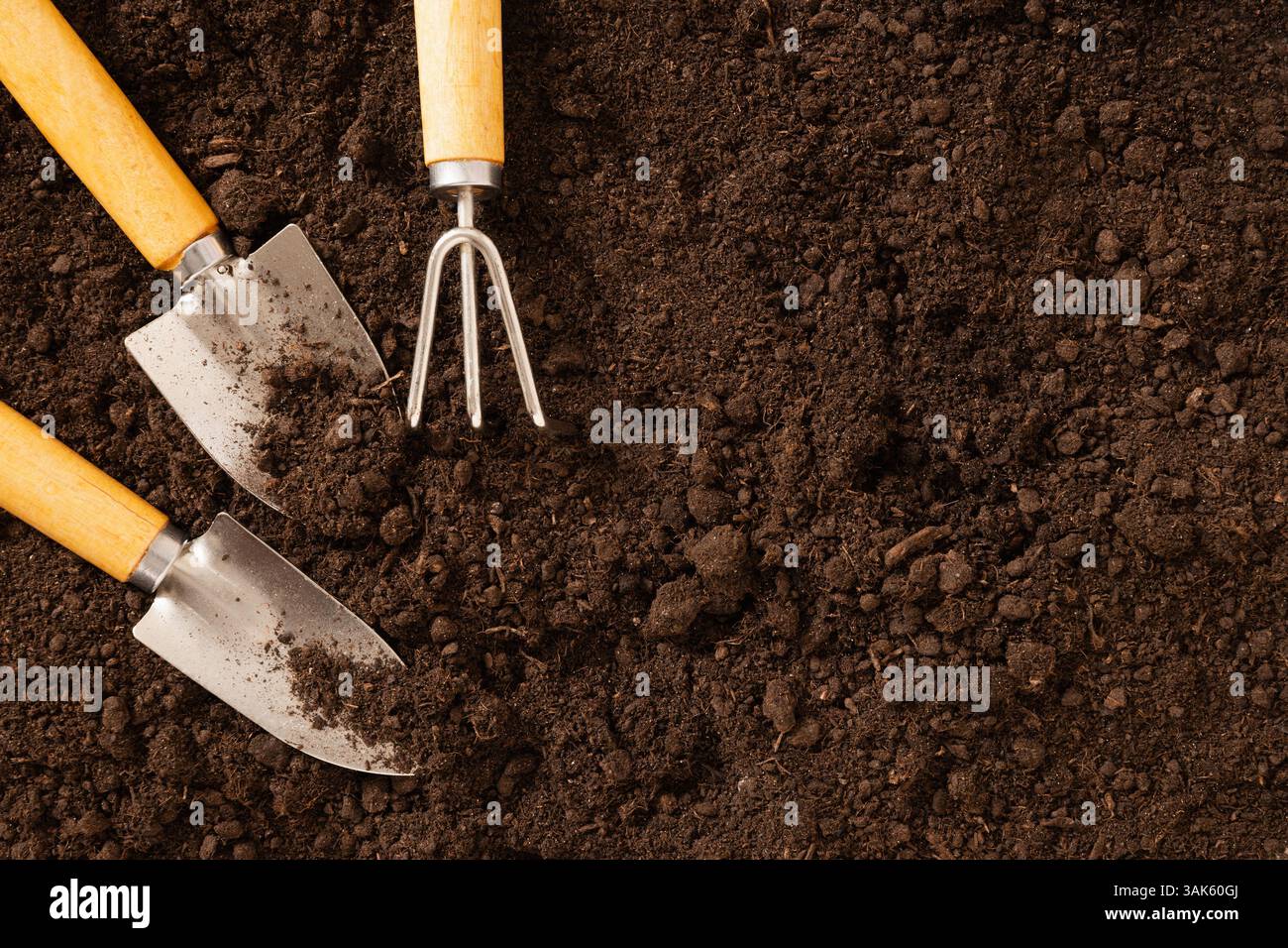 Garden hand cultivator and planting on soil. Season gardening and work ...
