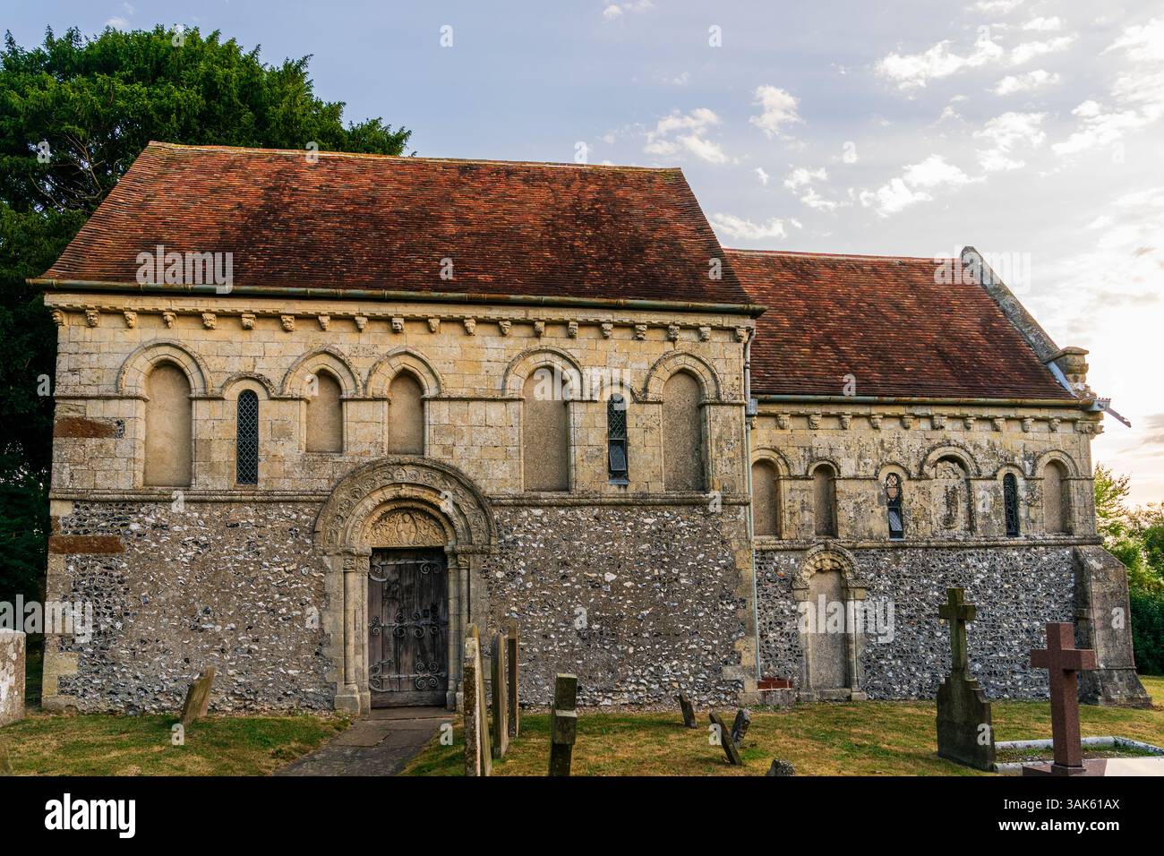12th century Norman church of St Nicholas at Barfeston. Built with ...