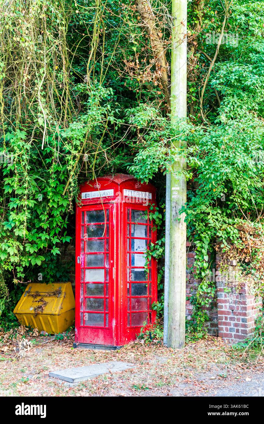 Iconic British red telephone book under the cover of overhanging trees ...