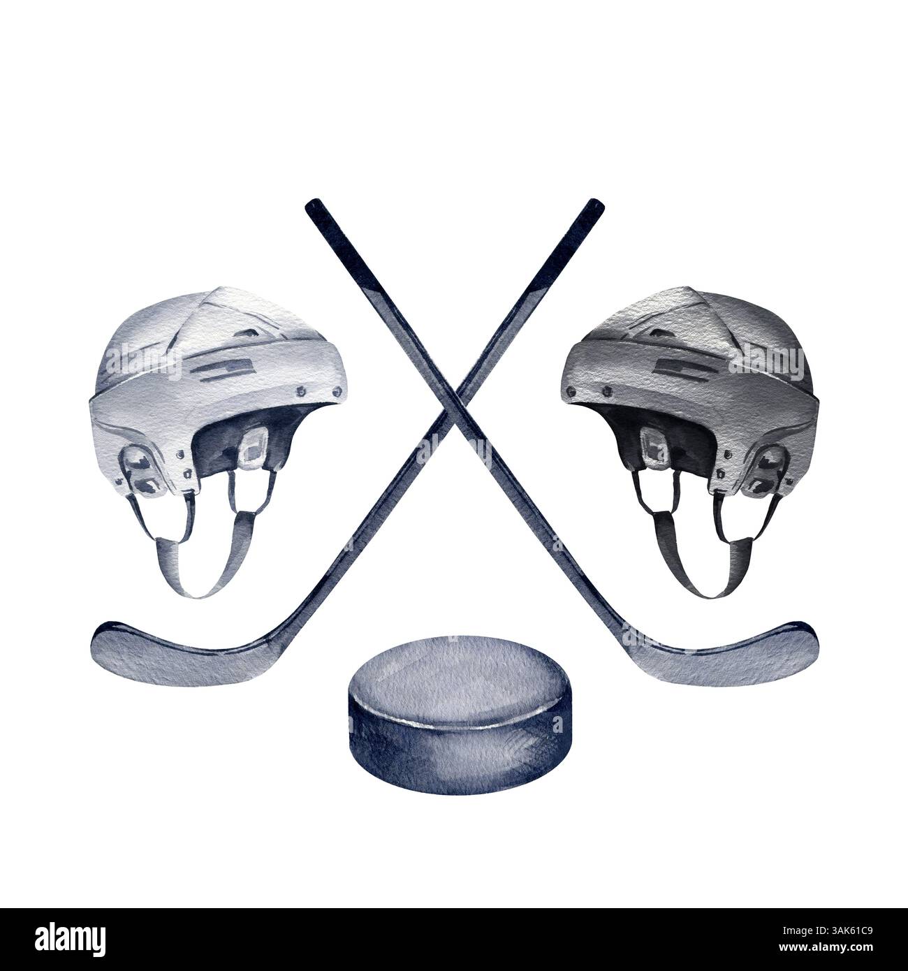 watercolor hockey equipment, hockey helmets, sticks, black hockey puck ...