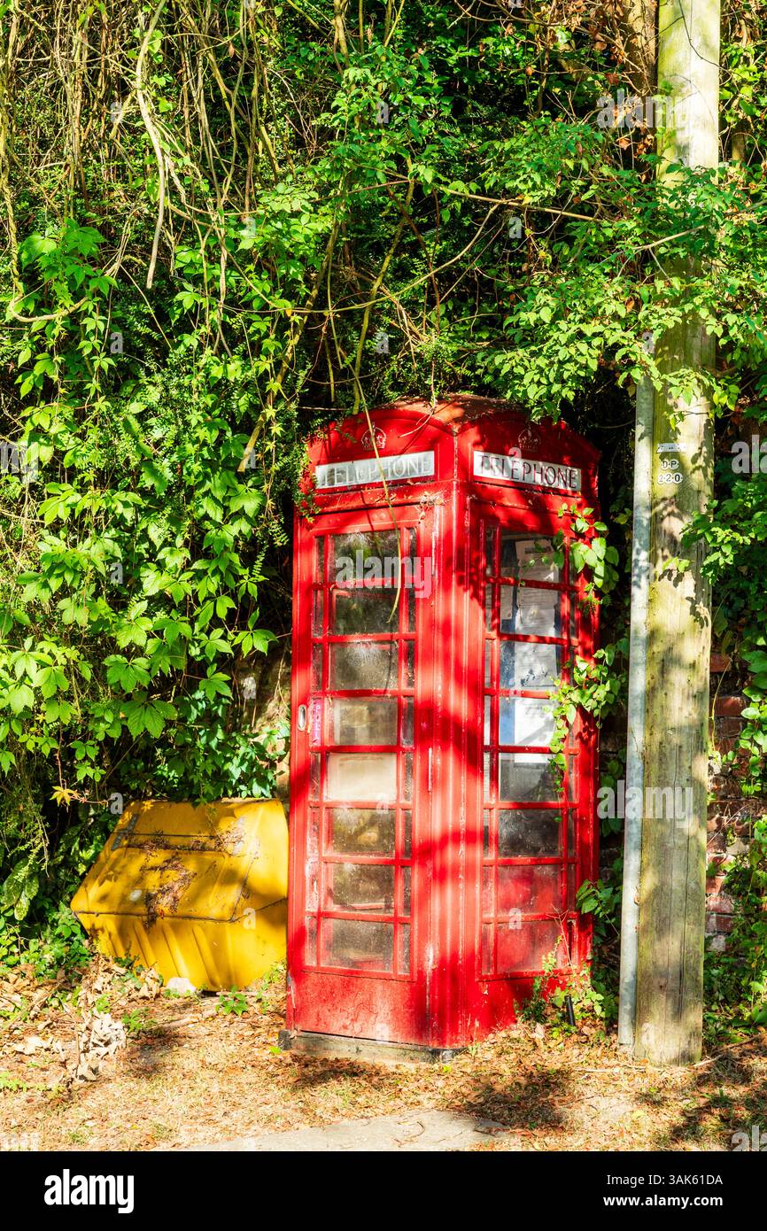 Iconic British red telephone book under the cover of overhanging trees ...