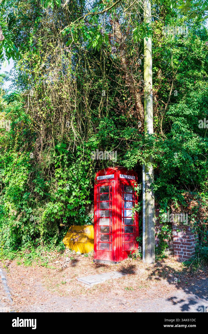 Iconic British red telephone book under the cover of overhanging trees ...
