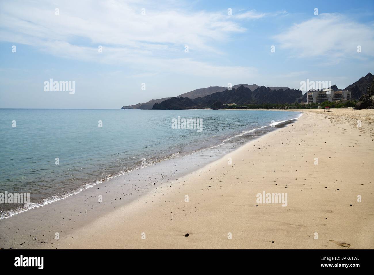 Saltunate of Oman. White sands of Al Bustan beach at early morning ...