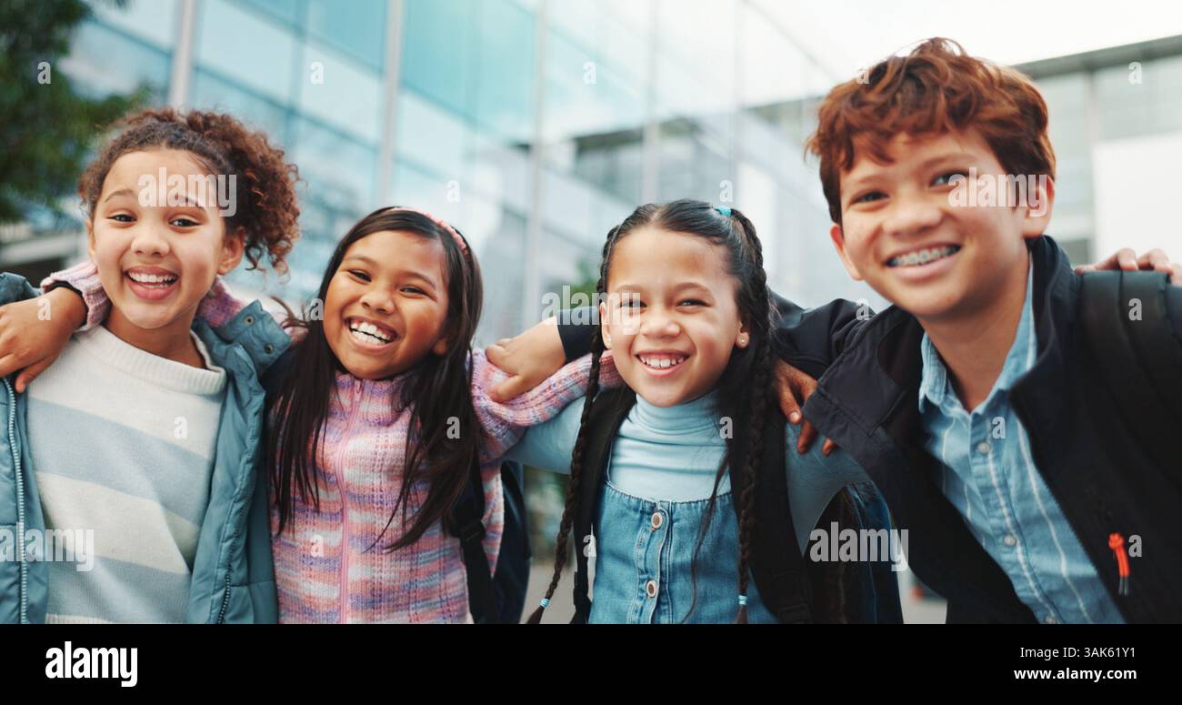 School kids, hug and group in portrait, smile and outdoor in city for ...