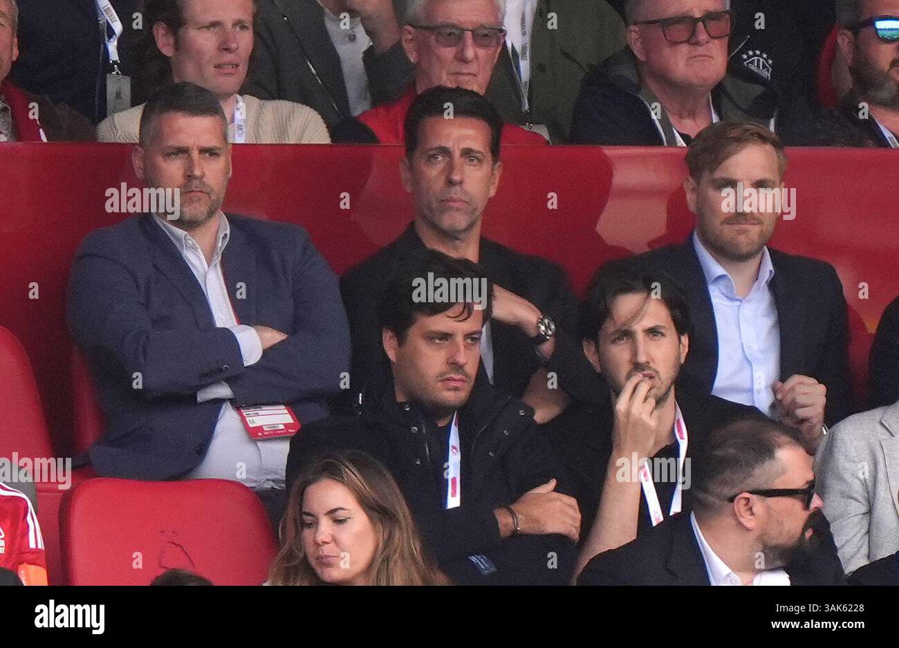 Former Arsenal sporting director Edu (centre) in the stands during the ...