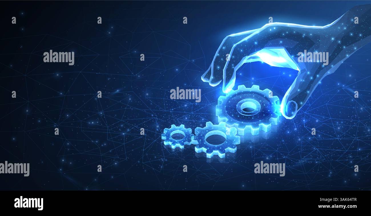 Digital gears in hand. Mechanical design, engineering blueprint, cog ...