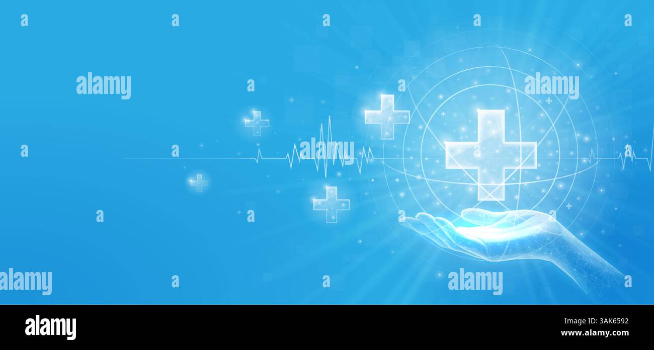 Hand holding a medical cross icon. Abstract background, hospital ...